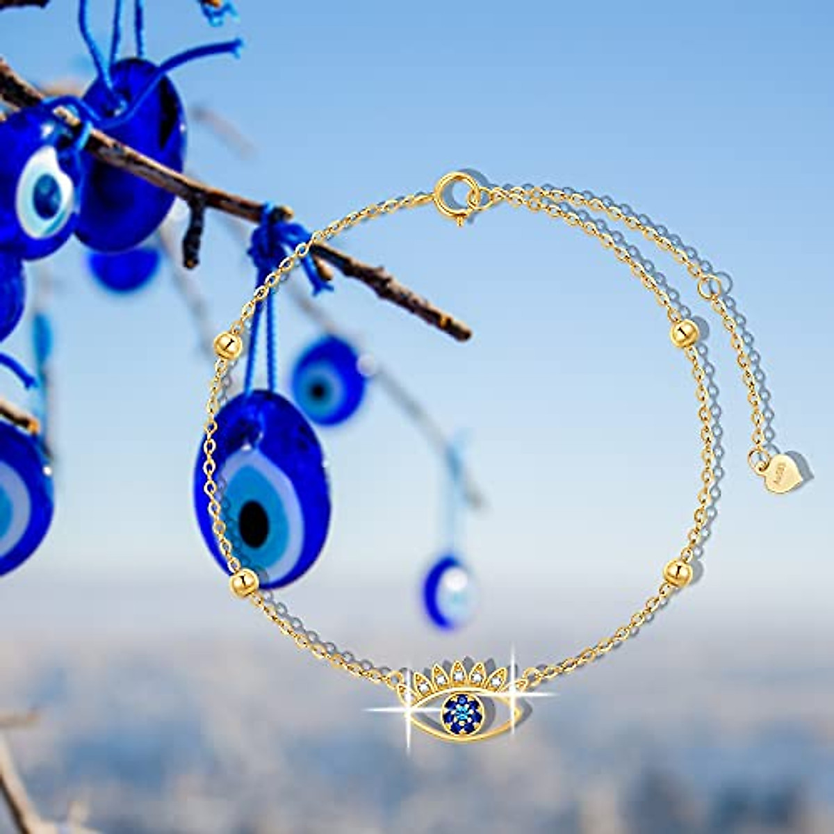 YDD 14K Solid Gold Evil Eye Bracelet for Women Wife Girlfriends Blue Eye Bangle 6.5’’+1’’+1’’