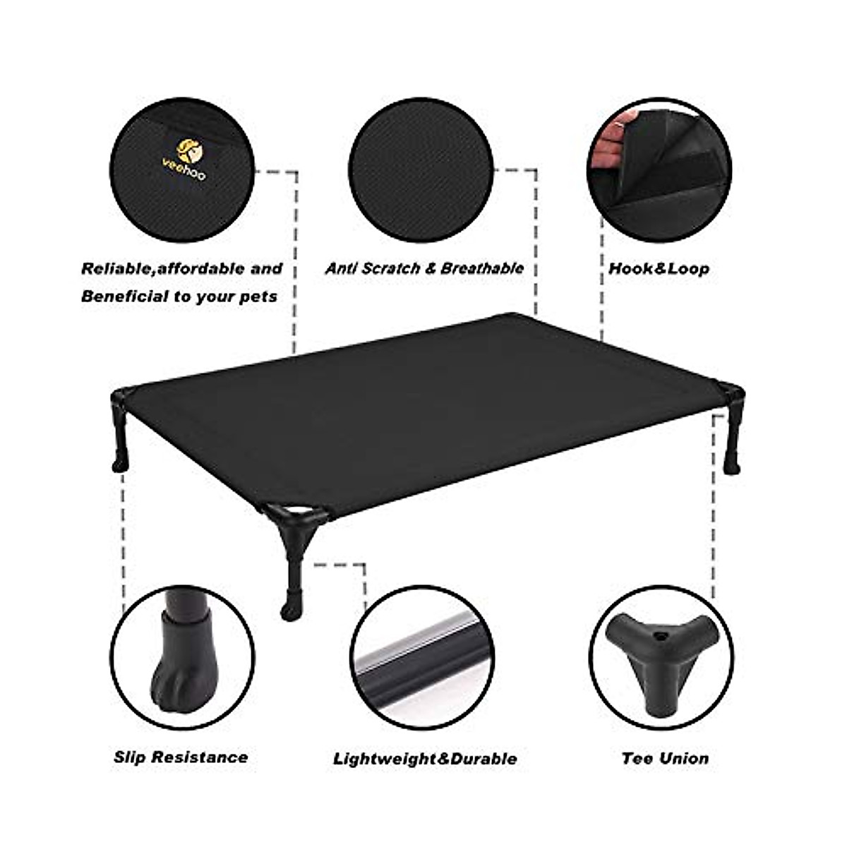 Veehoo Cooling Elevated Dog Bed, Portable Raised Pet Cot with Washable & Breathable Mesh, No-Slip Rubber Feet for Indoor & Outdoor Use, Large, Black