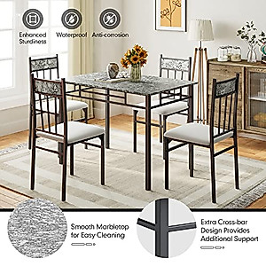 NAFORT 5-Piece Dining Table Set for 4, Vintage Rectangular Kitchen Table and 4 Chairs with Cushion Padded Seat, Metal and Wood Dining Set Kitchen Furniture, Marble Top