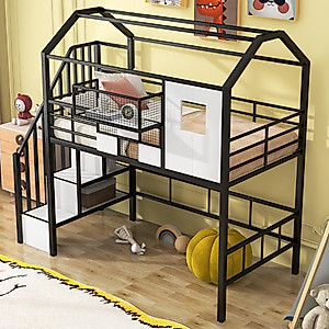 Twin Loft Bed with Storage Stairs, Roof, Window and Guardrail, House Loft Bed Twin Size/Metal Loft Bed with Storage Box, Twin Loft Bed for Kids, Girls Boys, Twin Size House Loft Bed Black