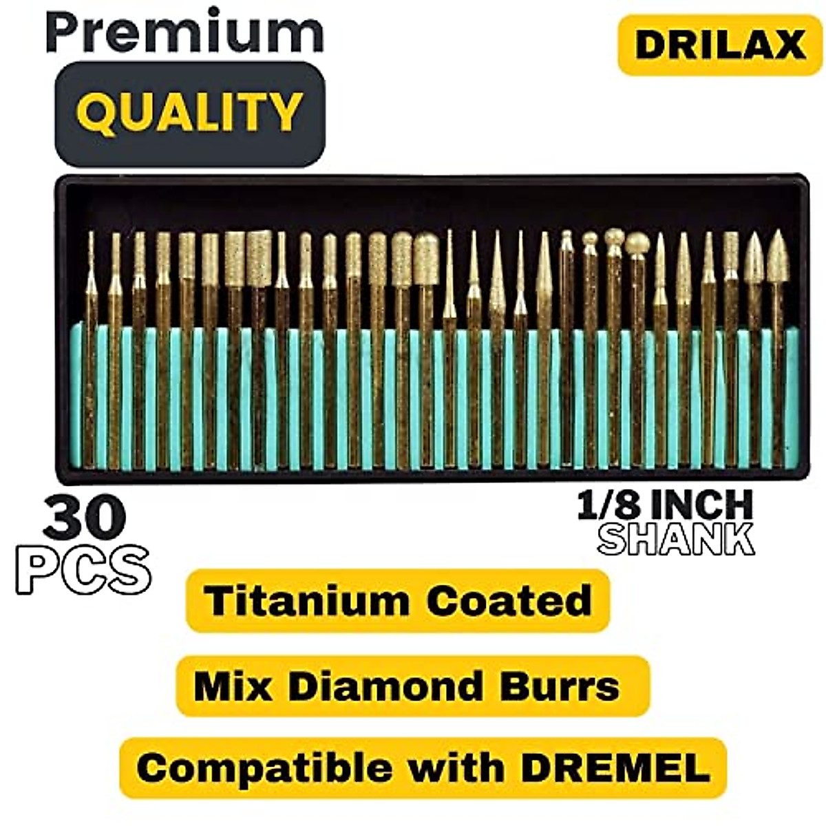 Diamond Drill Bit Burr Set Titanium Coated Bur Including 1mm 2mm 3mm Compatible with Dremel Tool Mixed Shapes Standard Shank Shaft 30 pieces