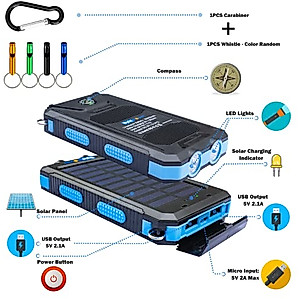 Solar Charger Power Bank 20000mAh, Portable Solar Pone Charger with Compass,Carabiner, Whistle,Flashlights,Solar Panel Charger,Camping Gear Accessory (Blue)