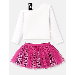 L.O.L. Surprise! Toddler Girl 2pcs Character Print Long-sleeve One-Shoulder Top and Leopard Pattern Pink Mesh Skirt Set Rose-3 5-6 Years