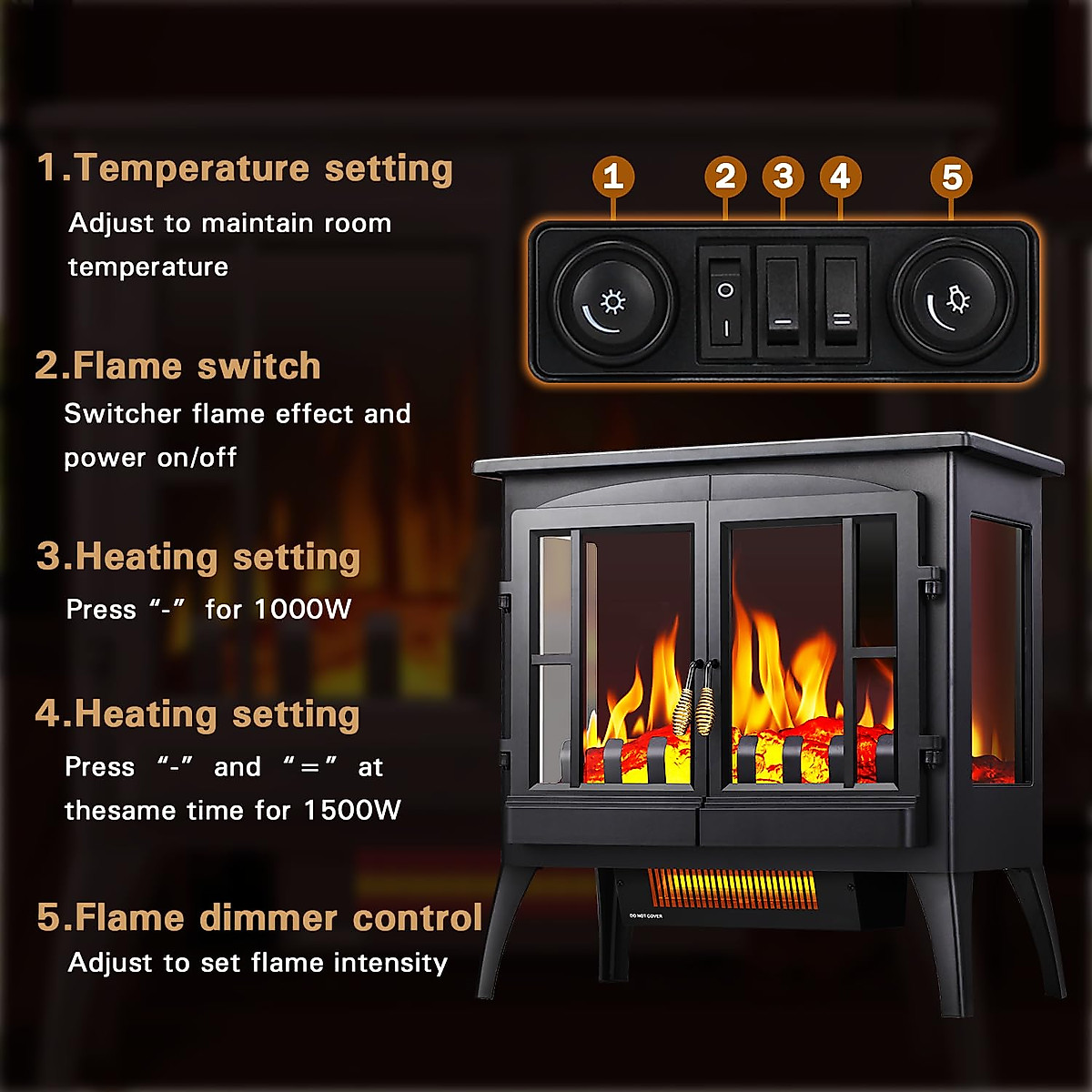 Havato Electric Fireplace Heater, Freestanding Fireplace Heater with Realistic Flame, Overheating Safety Protection, Indoor Space Heater(24 Inch, Black)