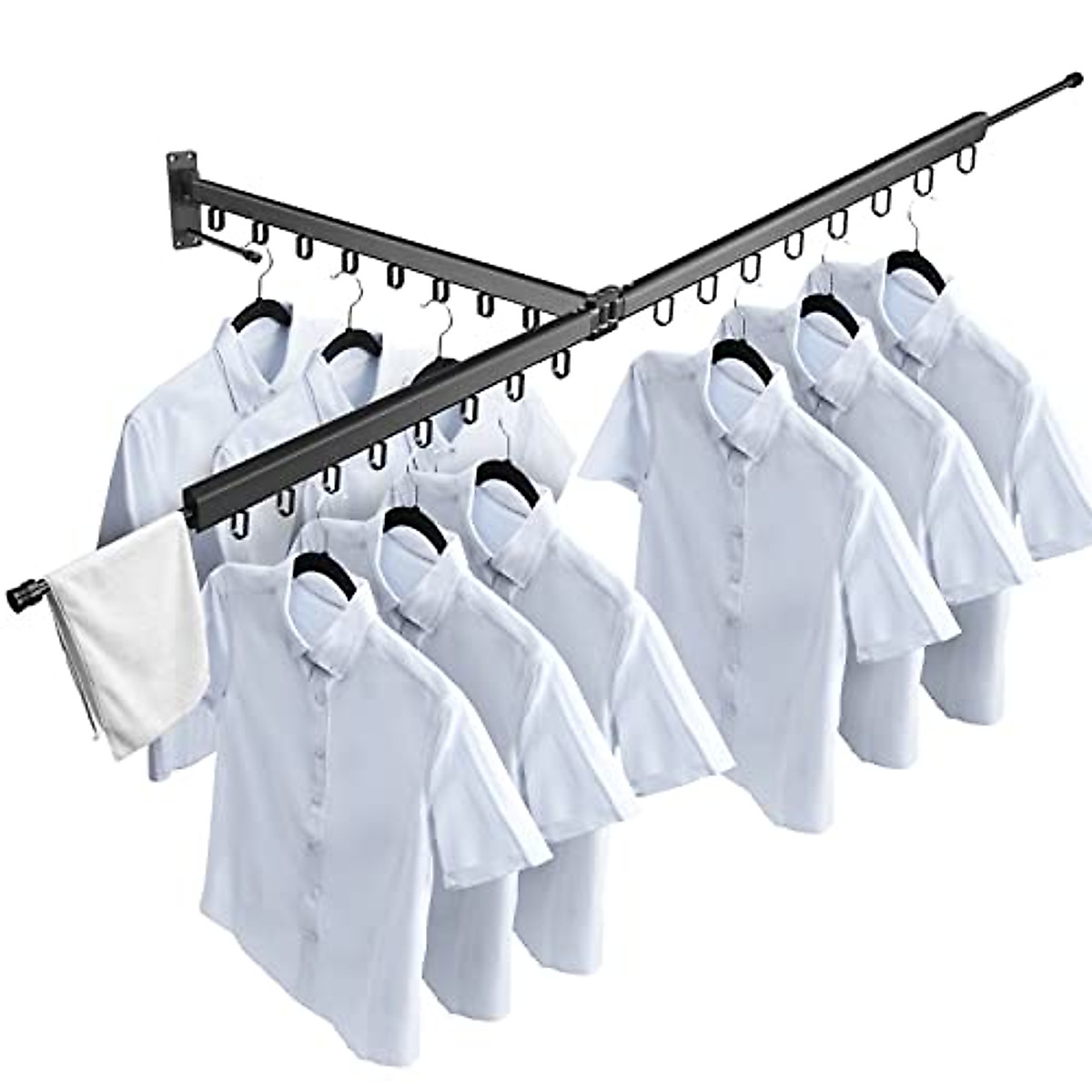 NesTidy Retractable Drying Rack, 3 x 25 L T-fold Clothes Drying Rack Space Saving with Towel Rod and Hanger Organizer, Wall Mounted Clothes Hanger Rack for Balcony, Laundry, Bathroom, Closet