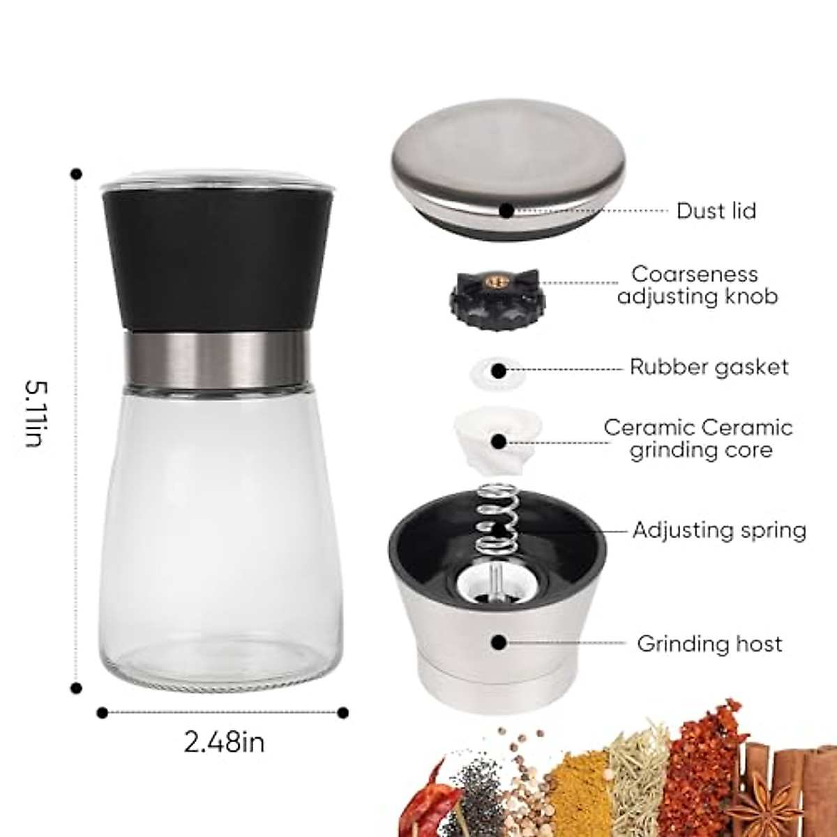Pepper Grinder Pepper Mill, Salt Grinder Refillable,(Single Package) Adjustable Coarseness Black Pepper Grinder, Stainless Steel Sea Salt Shaker with Ceramic Rotor(black lid short)