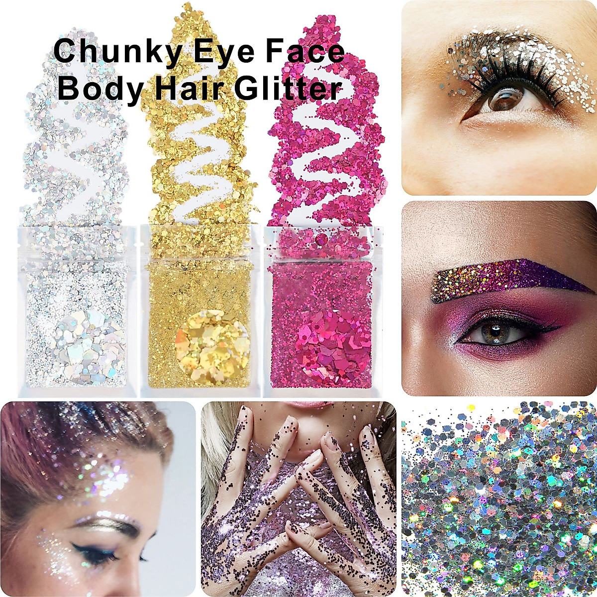 6 Sheets Face Jewels Gems Self-adhesive Rhinestone, 30g Chunky Body Eye Hair Glitter, Rave Festival Outfits Clothes Iridescent Crystals Stickers Rainbow Body Makeup Tattoo Kit(3 luminous)
