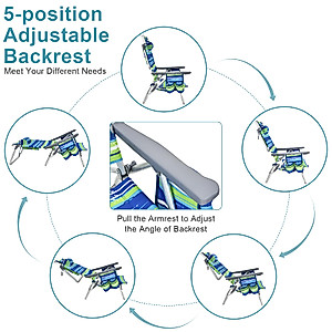 GYMAX Beach Chairs, 2-Pack Backpack Camping Chair with Armrest, Cooler Bag, Cup Holder, Towel Bar & Side Pockets, Sunbath Sling Tanning Lounge, Folding Layout Chairs (Blue Strip, with Table)