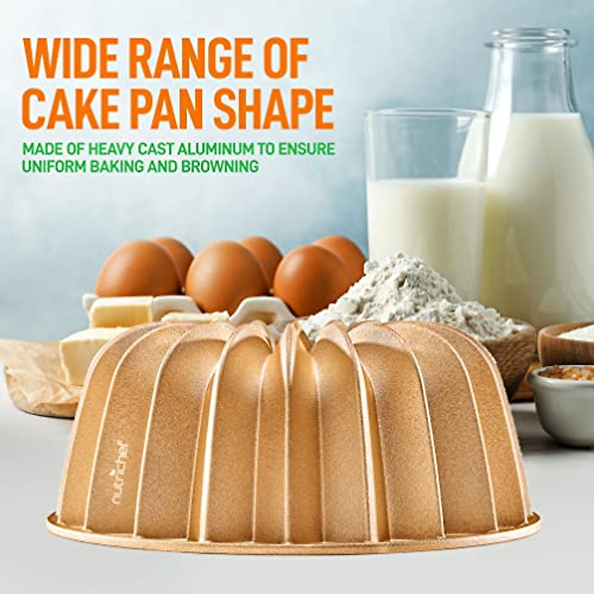 NutriChef 9-Inch Cake Pan - Thick and Heavy Cast Aluminum Bakeware Cake Mold with 2 Layers of Nonstick Coating - Fluted Lines Design for Uniform Baking Up To 500 Degrees - Easy to Clean, Gold