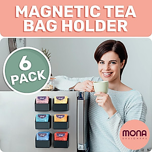 Mona Magnetic Tea Bag Organizer - Set of 6 Individual Tea Bag Holders for The Refrigerator, Counter or Kitchen Shelf. Stylish & Practical Space Saving Tea Organizer (Black)