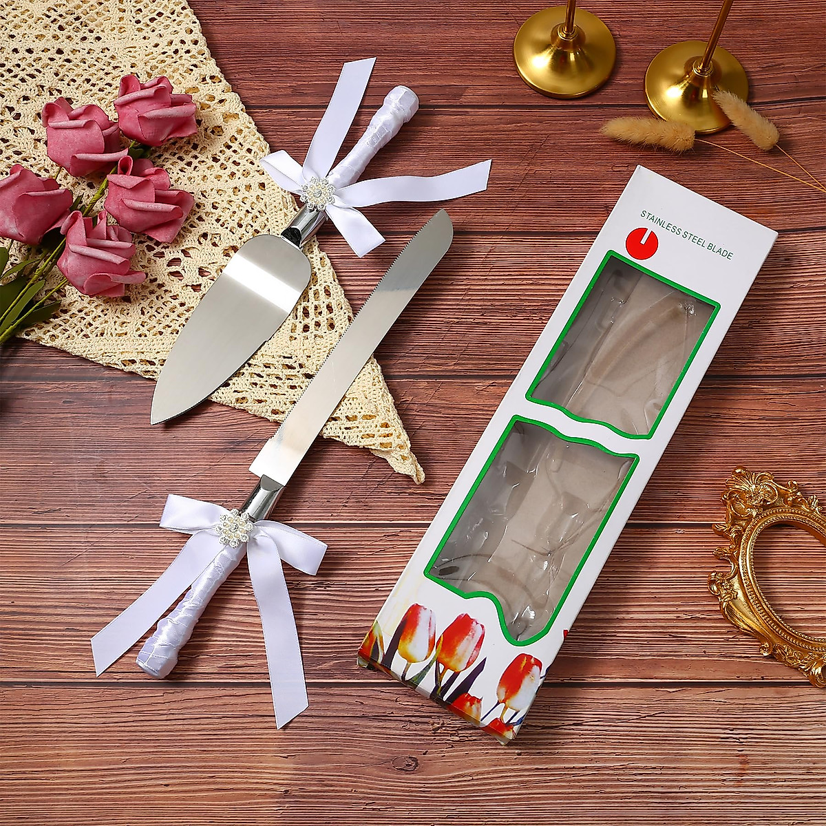 SANDOO Rustic Wedding Cake Knife and Server Set with Pearl Bowknot Decor - Cake Cutting Set for Wedding,Wedding Knife Set for Bride And Groom, Knife and Cake Server Set Cake Cutter for Wedding