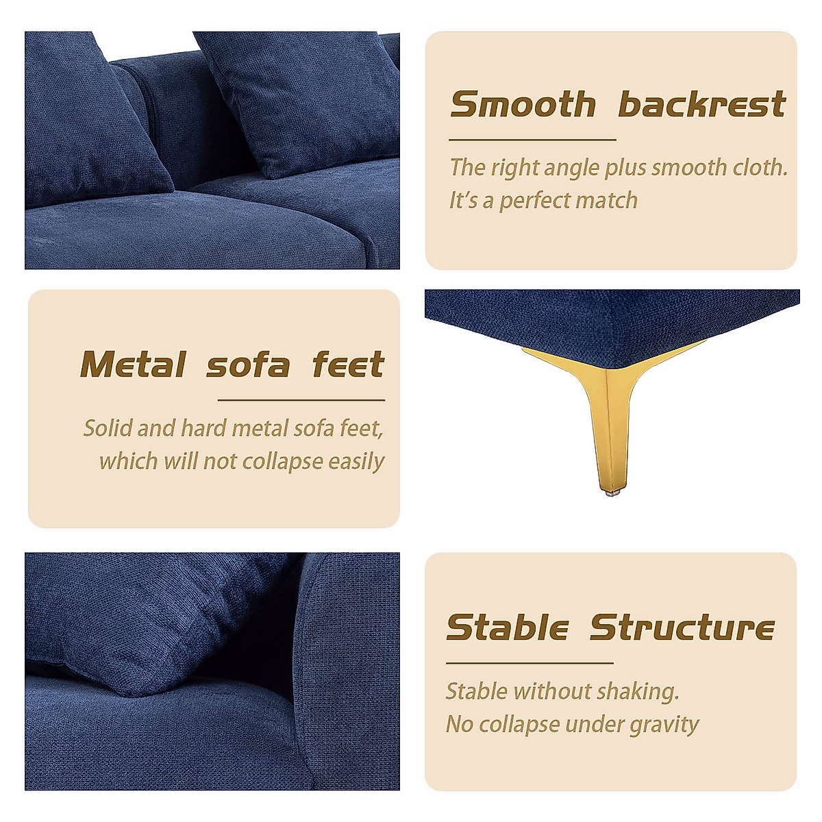 JUSTONE 102''Sofa Couch for Living Room, Modern Mid-Century 4 Seater Sofa with 4 Pillows, Upholstered Couch with Metal Wood Legs for Living Room, Bedroom and Lounge,Apartment Office - Blue