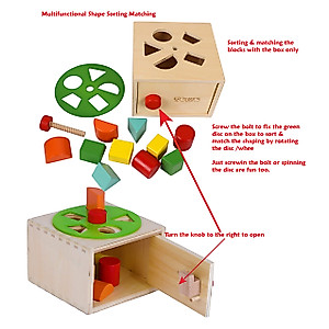 TOWO Wooden Shape Sorter - Sorting Box with Latch Lock - Rotating Wheel -Screw- and Shape Blocks- Sorting Cube Educational Toys for Kids Early Learning Montessori Materials