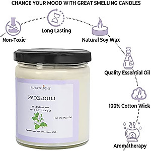 Patchouli Essential Oil Candle | Aromatherapy for The Home | 9 Oz Glass Jar | All-Natural Soy Candles | Cotton Wick | High Scent | 40 Hours Burn Time | Gift for Women & Men (Patchouli)