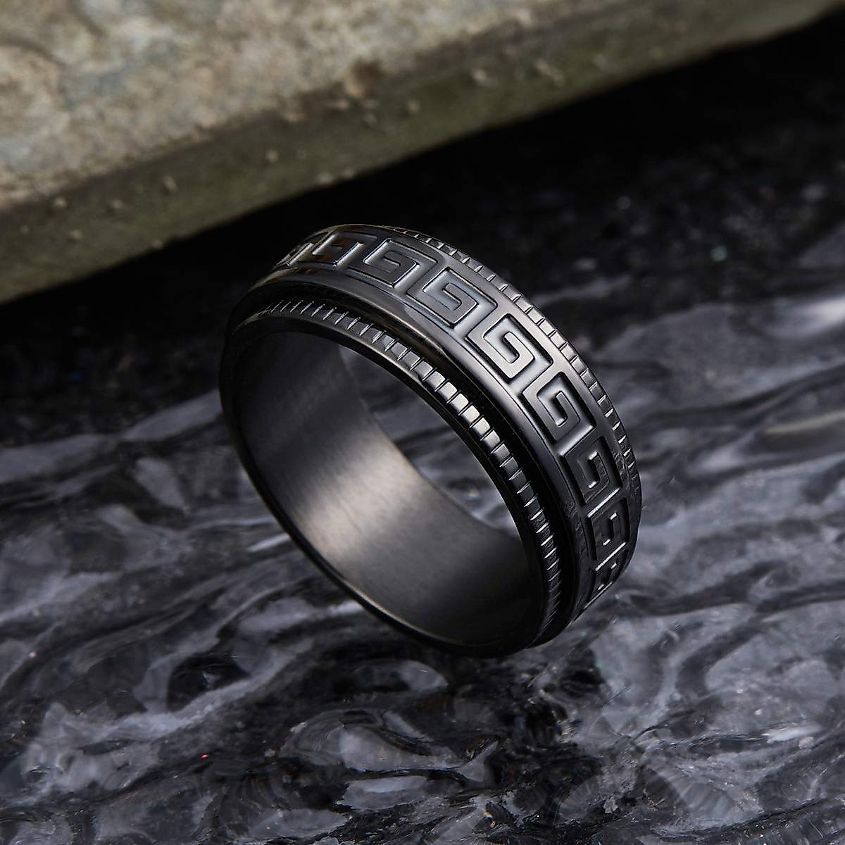 King Will 8mm Black Spinner Stainless Steel Ring Fidget Ring Anxiety Ring for Men Greek Key Pattern