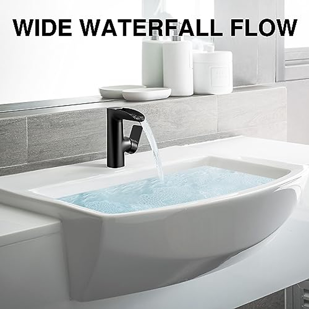 Waterfall Bathroom Faucet - WaterSong Matte Black Bathroom Faucet for Sink 360° Swivel Single Handle One Hole Vanity Faucet, Farmhouse RV Bathroom Vessel Basin Faucet Deck Mount, 100% Lead-Free
