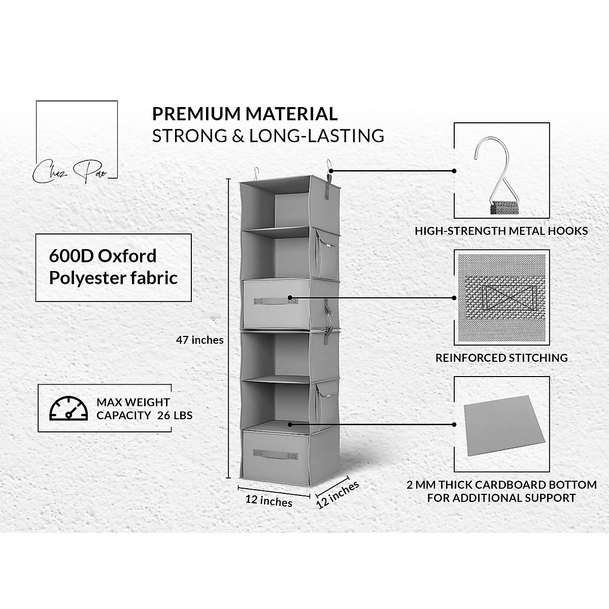 Chez Pao 6-Shelf Hanging Closet Organizer with 3 Drawers & 3 Shelves - Closet Organizers and Storage - Closet Organization - Incl. 2 Packing Cubes