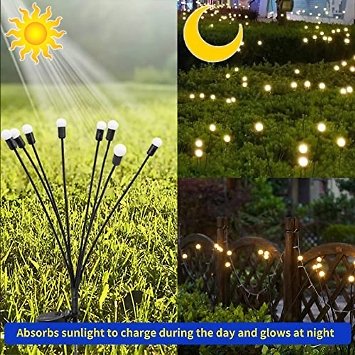 Solar Powered Firefly Lights, Solar Lights Outdoor Waterproof, 8 Warm White Light Bulbs Starburst Swaying, Solar Garden Decorative Lights, for Path Landscape Outdoor Decorative Lights (4 pcs)