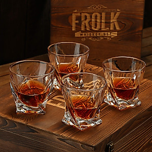 Whiskey Glasses Set of 4 - Gift For Men, Dad, Father, Brother - Twisted Old Fashioned Classic Whiskey Glass Set with Slate Coasters in Premium Wooden Box - Twist Glasses for Whisky, Bourbon, Scotch