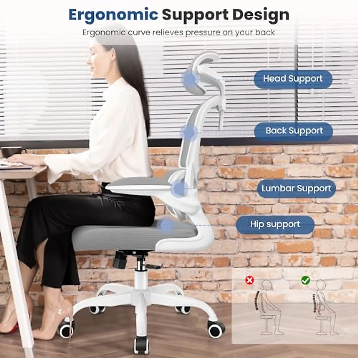 Razzor Ergonomic Office Chair, High Back Mesh Desk Chair with Lumbar Support and Adjustable Headrest, Computer Gaming Chair with Flip-up Armrests, Executive Swivel Chair for Home Office (LightGray)