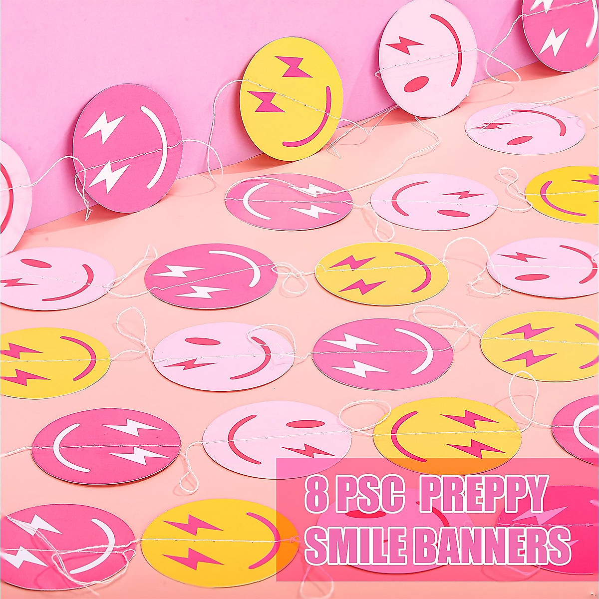 Ctosree 8 Pcs Preppy Hot Pink Birthday Party Decorations Happy Face Banner Preppy Party Decorations Smile Face Hanging Banners for Girls Kids Female Bachelorette Birthday Preppy Party Supplies