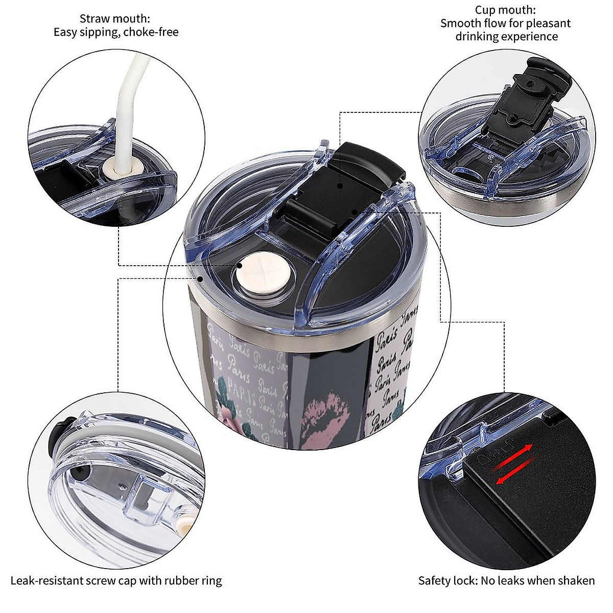 Niapessel Leak Proof Tumbler, Insulated Water Bottles with Straw, Retro Paris Art Insulated Cup with Handle 40 Oz Stainless Steel Flask for School, Travel, Car, Sports, Work