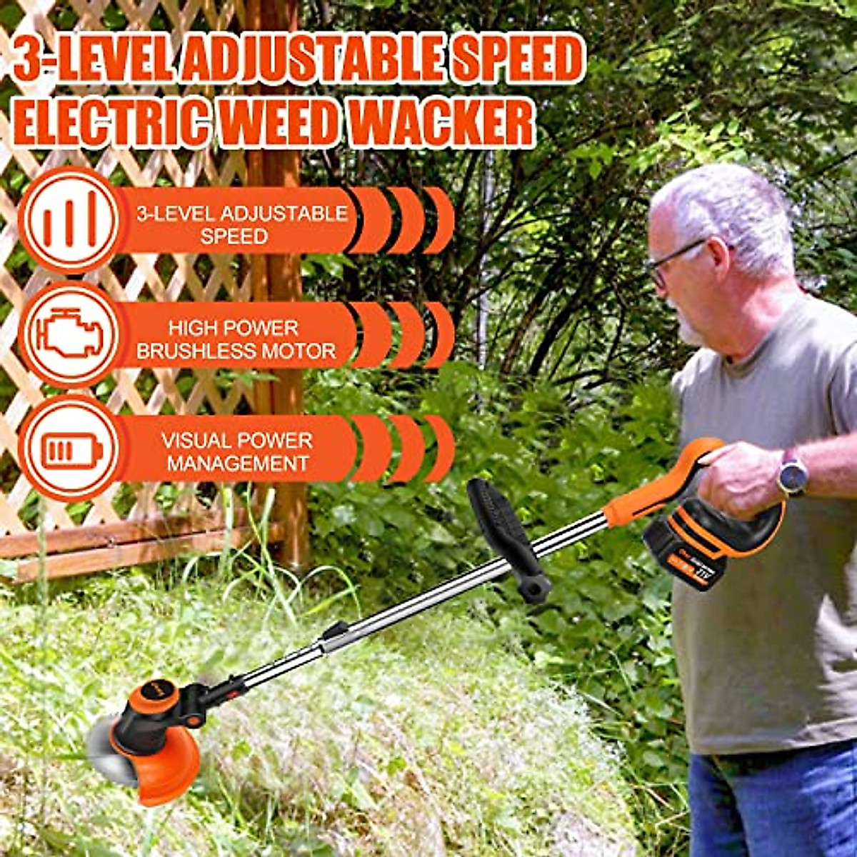 Brushless Motor Weed Eater, 3 Level Adjustable Speed Electric Weed Wacker Cordless Trimmer with Power Display, Portable Battery Powered Rechargeable Home Lawn Mower for Garden, Lawn, Yard