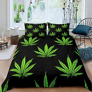 Erosebridal Marijuana Weed Leaves Bedding Set, Adult Cannabis Leaves Comforter Cover, Exotic Leaves Rustic Duvet Cover Twin Size, Soft Microfiber Bedspread Cover with Zipper Closure, Green Black