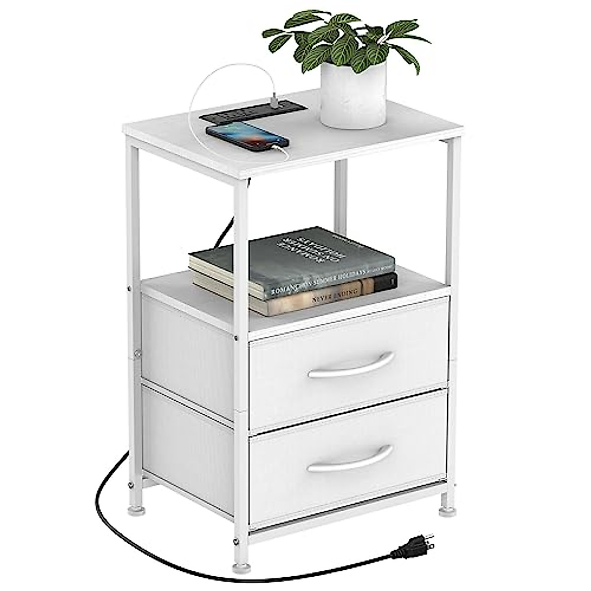 DOMYDEVM White Nightstand with Charging Station Bedroom Night Stand Bedside Table with USB Ports and Outlets Small Side End Table with 2 Fabric Storage Drawers for Living Room Dorm