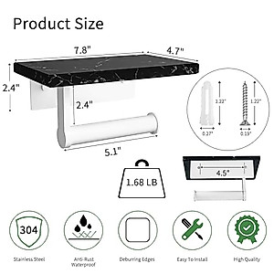 Toilet Paper Holder with Shelf，Wall Mounted Black Toilet Paper Holder，Marble Tissue Roll Holder for Bathroom Washroom(Middle 7.87 * 4.72 in)