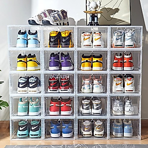 ANIMEWRLDS 6-Pack Clear Shoe Box Containers with Air Ventilation & Magnetic Door | Stackable, Durable, Transparent Storage for Sneakers, Heels, Boots, Bags & Fits up to Maximum Size of US12 (White)