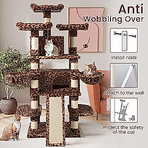 SHA CERLIN 68 Inches Multi-Level Large Cat Tree for Large Cats/Big Cat Tower with Cat Condo/Cozy Plush Cat Perches/Sisal Scratching Posts and Hammocks/Cat Activity Center Play House, Leopard Print