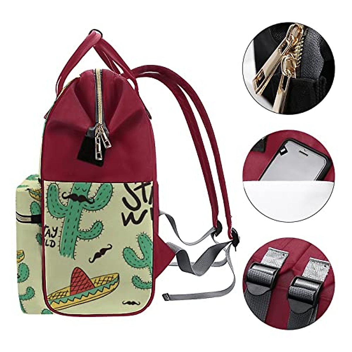 Cactus Drawing Stay Wild Diaper Bag Backpack Large Capacity Mommy Bags Multifunction Nappy Bag Travel Back Pack Red-Style