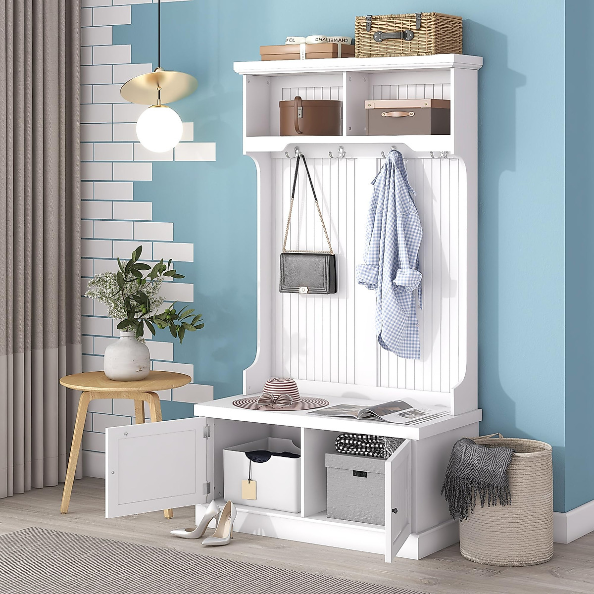 Polibi 64.4" Hall Tree with Top Shelves and Storage Bench Cabinet, Wood Storage Bench with 4 Hooks for Entryway, Living Room and Bedroom, White