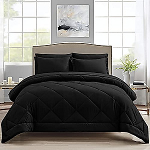 Love's cabin Full/Queen Comforter Set Black, 7 Pieces Queen Bed in a Bag, All Season Full/Queen Bedding Sets with 1 Comforter, 1 Flat Sheet, 1 Fitted Sheet, 2 Pillowcase and 2 Pillow Sham