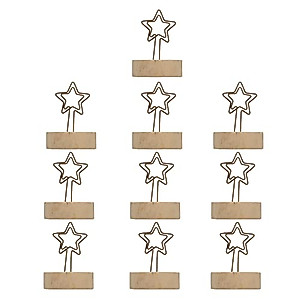 10PCS Number Holder, Wooden Base Place Card Holder, Star Shaped Iron Wire Photo Clip Table Sign Stand Number Holder Table Card Picture Memo Note Photo Picks Clip Stand for Christmas Party Wedding Home