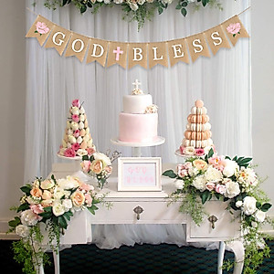 Flower God Bless Banner Baptism Burlap Garlands Girl Pink Cross Floral First Communion Christening Decoration