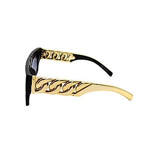 High Fashion Metal Chain Arm Flat Top Aviator Sunglasses (Shiny Black Gold)