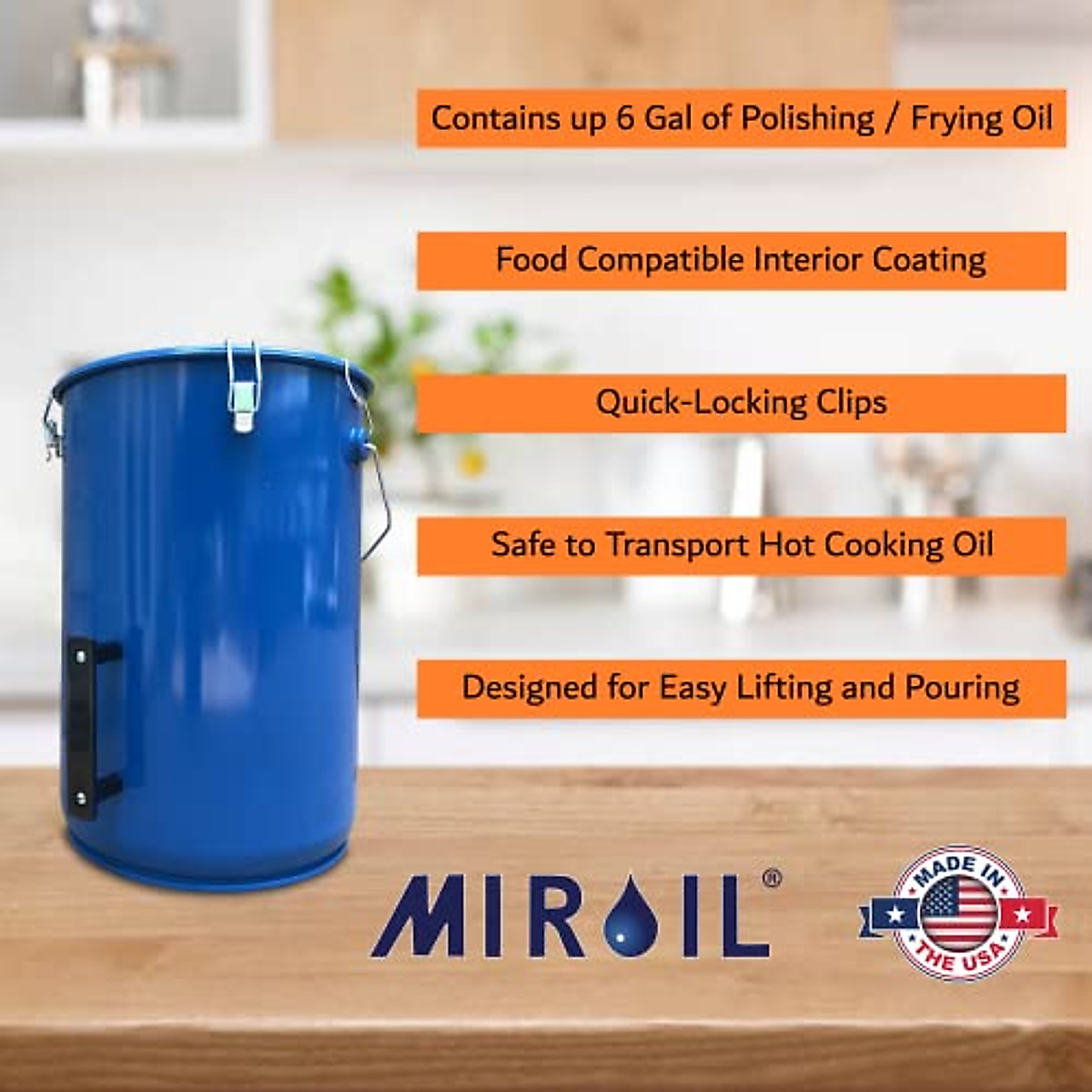 MirOil 30L 6 Gallon Oil Disposal Caddy with Lid Lock | Safe Storage & Transport of Up to 6 Gal of Polishing / Frying Oil | Utility Pail with Heat Shield Fitted Handle | Food Compatible Interior Coating
