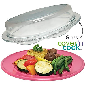 Cuchina Safe 2-in-1 Cover ‘n Cook Vented Glass Microwave Plate Cover and Baking Dish; Easy to Grip for Baking and Serving