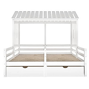 BOVZA Double Twin Size House Bed with Storage Drawers, Side by Side Twin Size Beds, Two Twin Platform Beds for Kids Girls Boys Teens, White