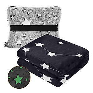 Shing Stars Travel Blanket Pillow for Long Plane Flight Soft Airplane Blanket with Soft Bag Pillowcase Travel Essentials for Home Office Camping Adults Car Train Bus