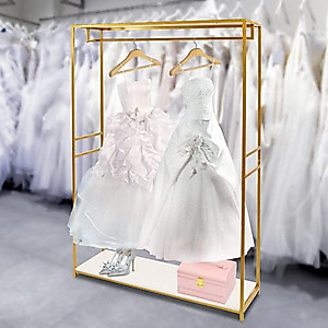 75"Retail Gold Clothing Racks with Shelves,Boutiques Garment Rack Wedding Dress Display Rack Metal Clothes Rack Heavy Duty Commercial Floor Standing Closet Hanging Rod Shoes Bag Clothes Organizer