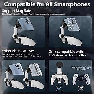 Orzero Magnetic Controller Phone Mount Clip compatible for PS5 Dualsense Controller, Adjustable Mag-Safe holder Accessories for iPhone and Android Phones Remote Stream Gaming - Black