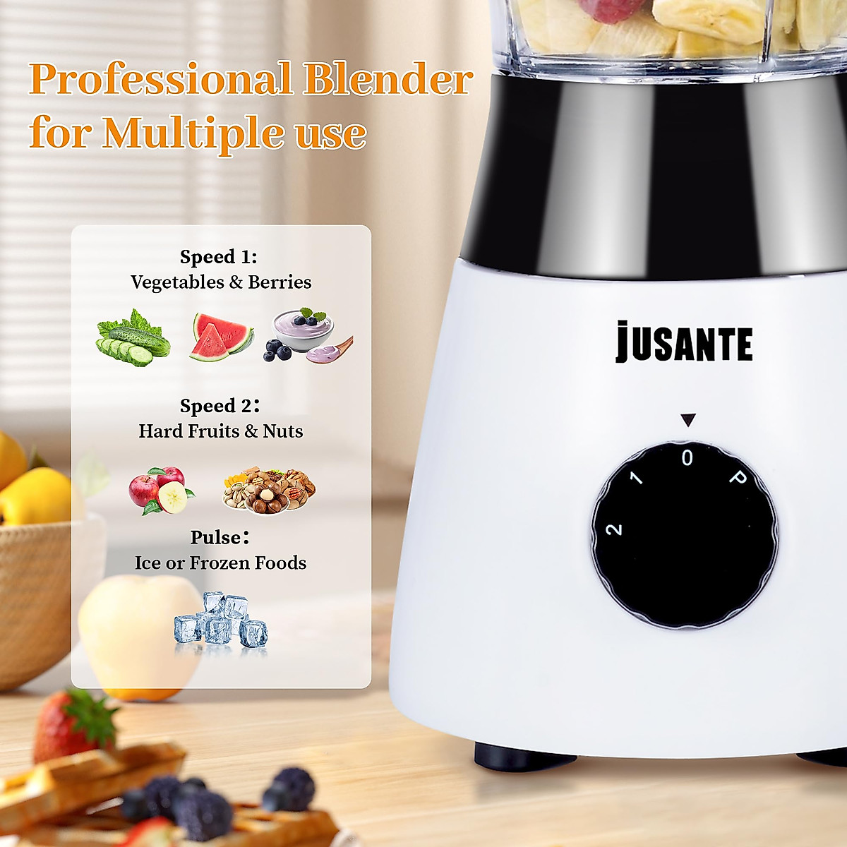 JUSANTE Kitchen Blender, 500W Countertop Blender with 52oz Plastic Jar for Smoothies Milkshake Desserts Nut Butter, Cocktails Sauces (White)