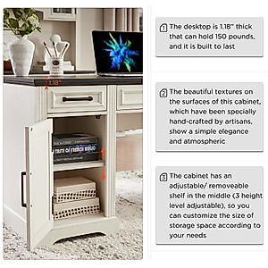 JXQTLINGMU 58" Executive Desk, Farmhouse Computer Desk with Drawers and Cabinet, Embossed Texture Home Office Desk, Workspace for Work Study Writing, Off White