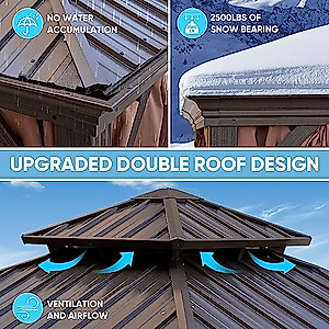 Aluminum Outdoor Gazebo with Steel Permanent Hardtop Canopy Shelter Pavilion Including Netting for Patio, Garden, Lawn Backyard (12'x12' Brown)