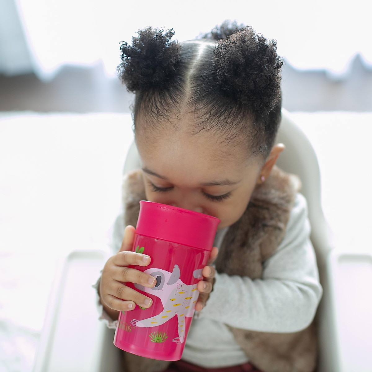 Dr. Brown's Milestones Cheers 360 Cup Spoutless Transition Cup, Travel Friendly & Leak-Free Sippy Cup, Pink Leopard – Red Lemur, 10 oz/300 mL, 2 count (1 pack)