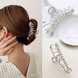 1Pcs Sliver Fish Bone Hair Clips Large Metal Fishbone Hair Claw Clips Fashion Geometry Hair Clamps Crabs for Women Thick and Thin Tortoise Strong Hold Hair Styling Hair Accessories