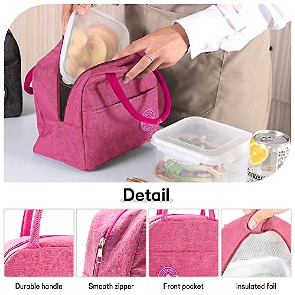 HUBAKO Small Portable Cute Lunch Bag for Kids, Mini Insulated Children Lunch Box Reusable Student Lunch Tote Bag with Front Pocket for Boys Girls, Durable LunchBag for School Picnic Office Work,Pink
